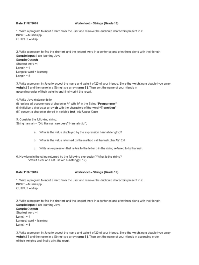 Worksheet Grade 10 | PDF | String (Computer Science) | Notation