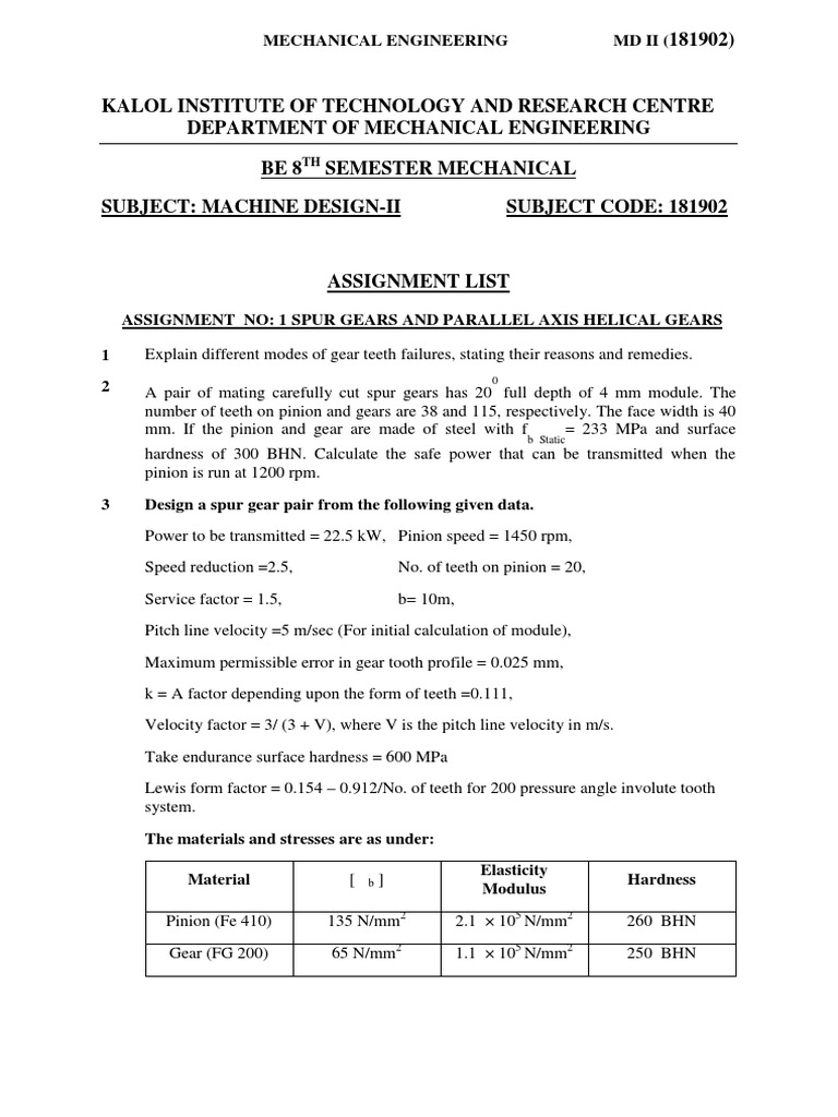 MD II Machine Design Assignments | PDF | Gear | Internal Combustion Engine