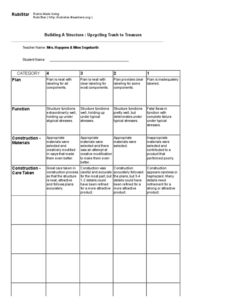 Your Rubric Building A Structure Upcycling Trash To Treasure | PDF | Art