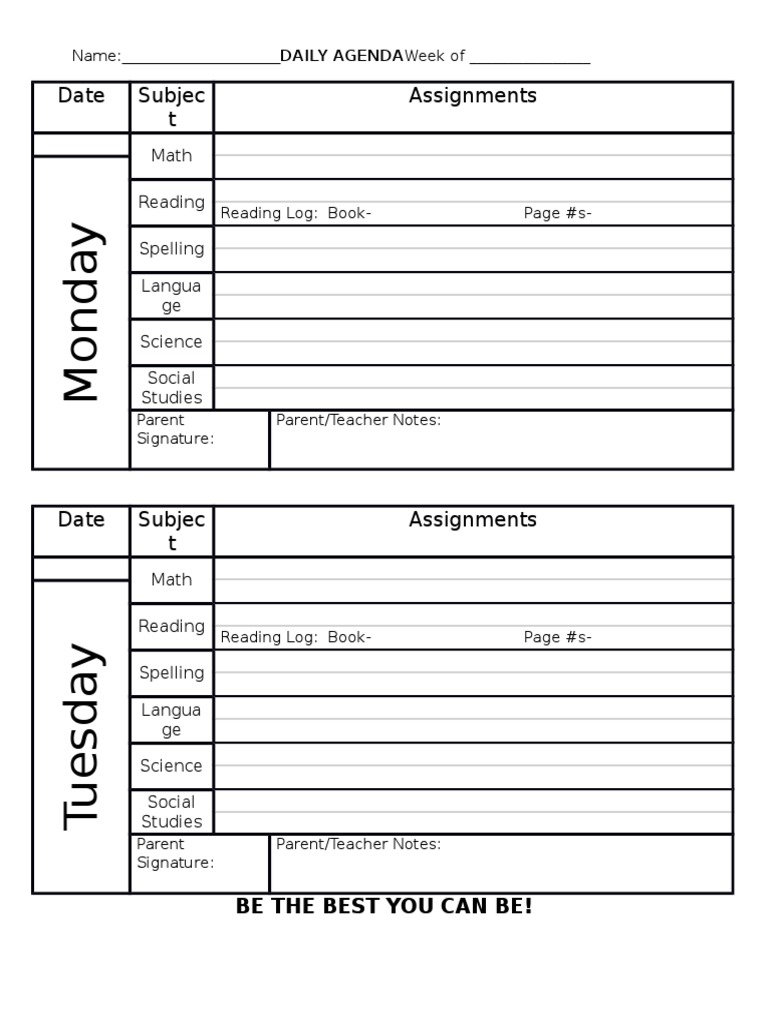 Weekly Student Agenda Template | PDF