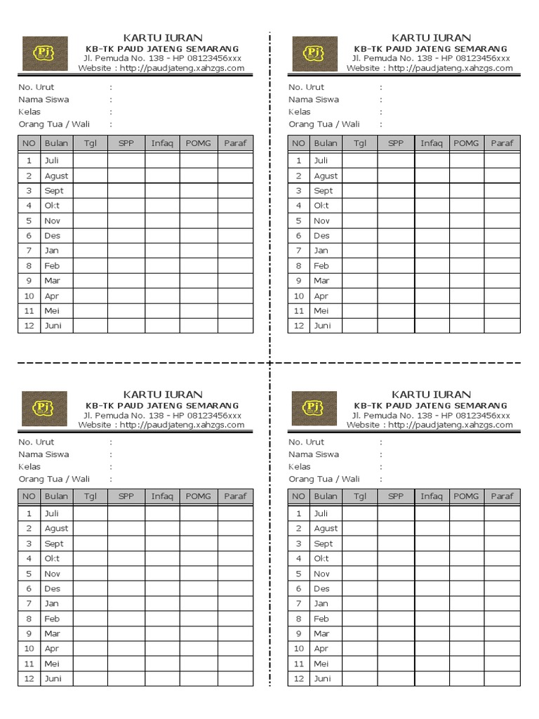 b.8 Contoh Kartu SPP Paud TK KB Tpa | PDF
