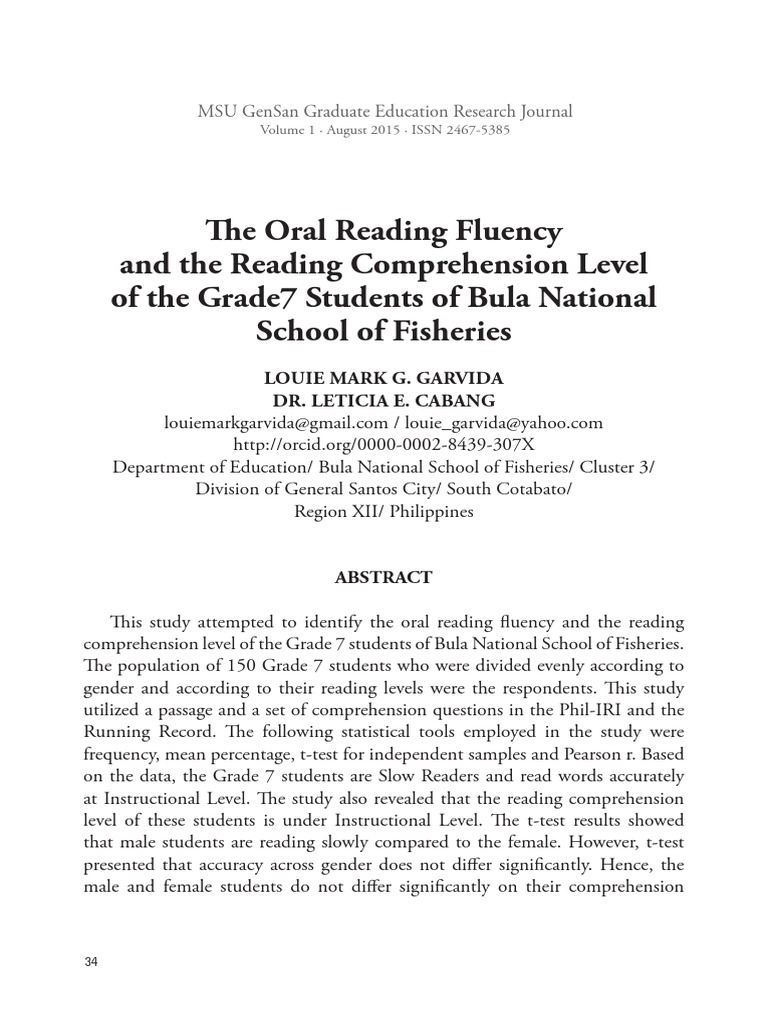 Oral Reading Fluency in Grade 7 Students | PDF | Reading Comprehension ...
