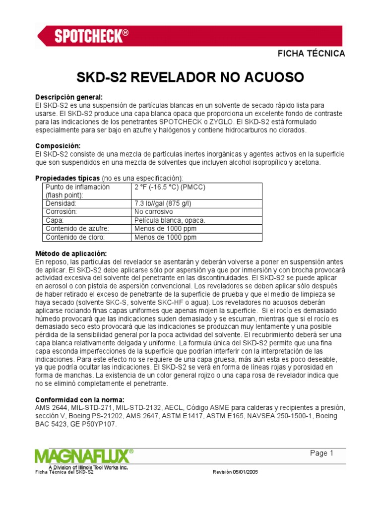 Ficha Tecnica Magnaflux Revelador SKD S2 Espanol | PDF | Materiales | Sustancias químicas
