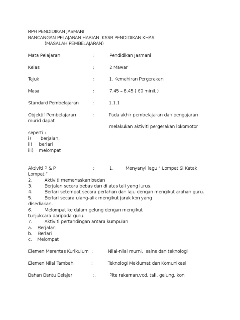 RPH Pendidikan Jasmani Ppki THN 2 | PDF