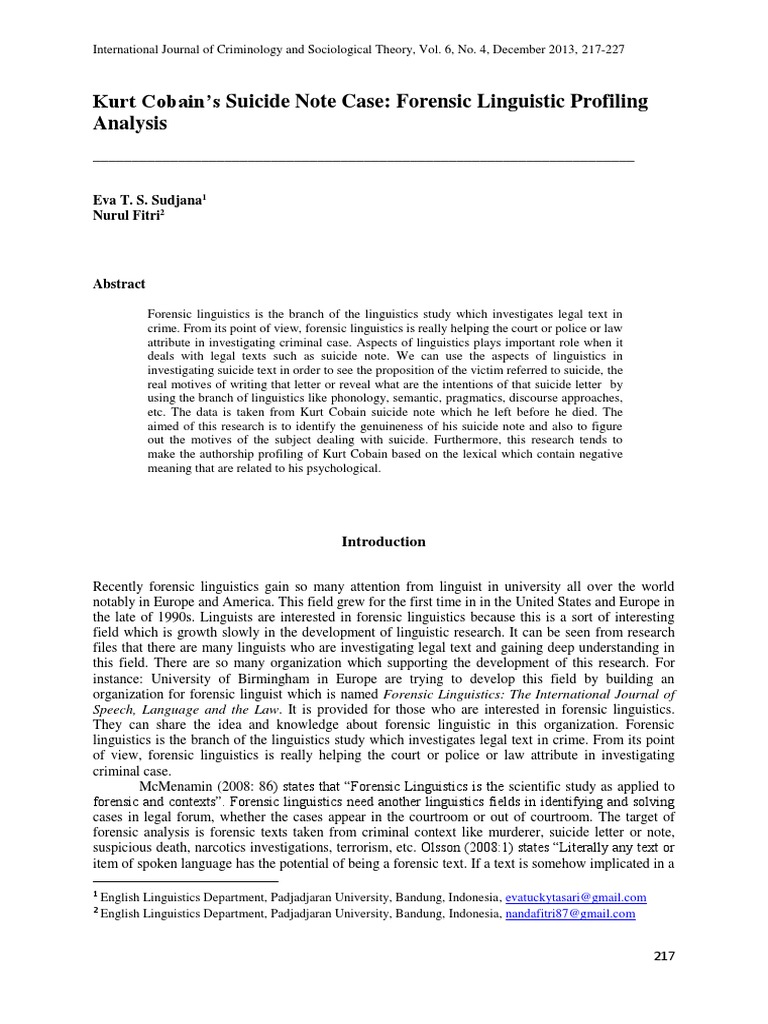 Kurt Cobain's Suicide Note Case: Forensic Linguistic Profiling Analysis | PDF | Kurt Cobain ...