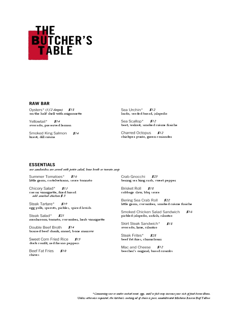 The Butcher's Table Menus: Lunch, Bar, and Happy Hour | PDF | Pickling ...