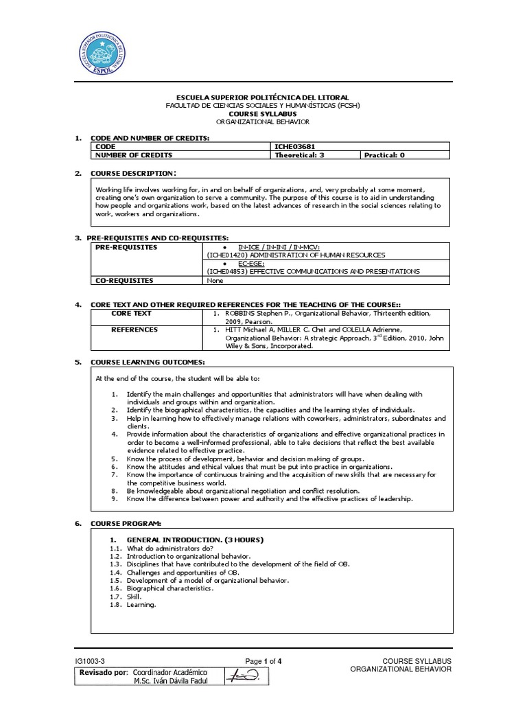 IG1003 Syllabus Organizational Behavior | PDF