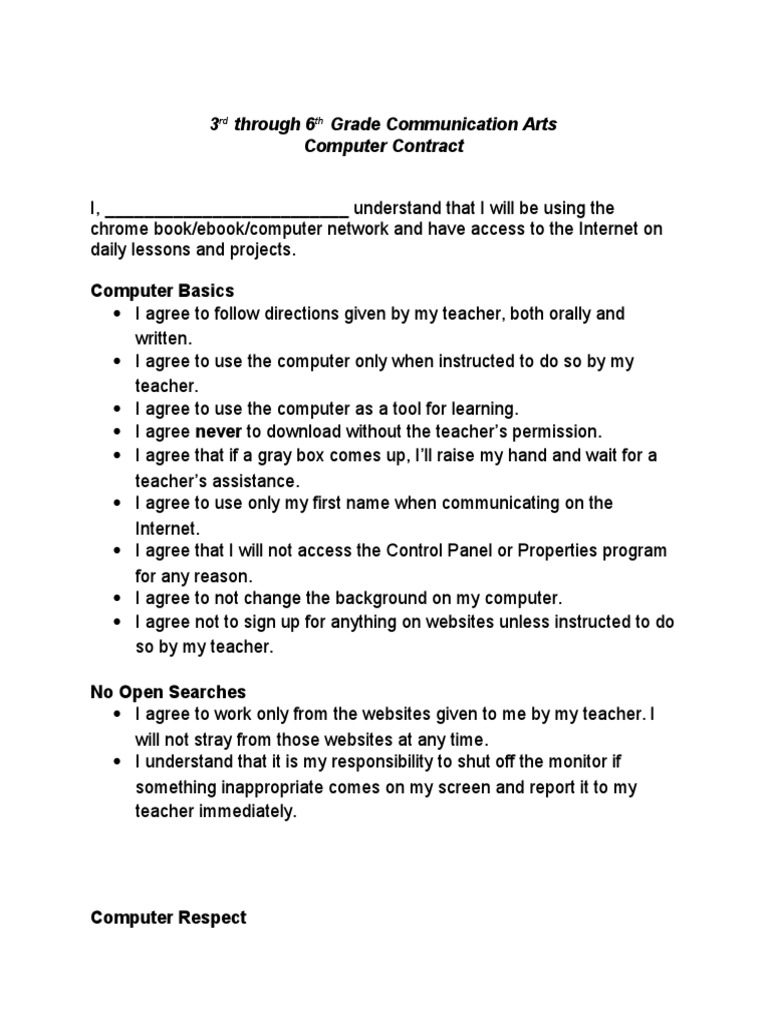 3 Through 6 Grade Communication Arts Computer Contract | PDF | Internet ...