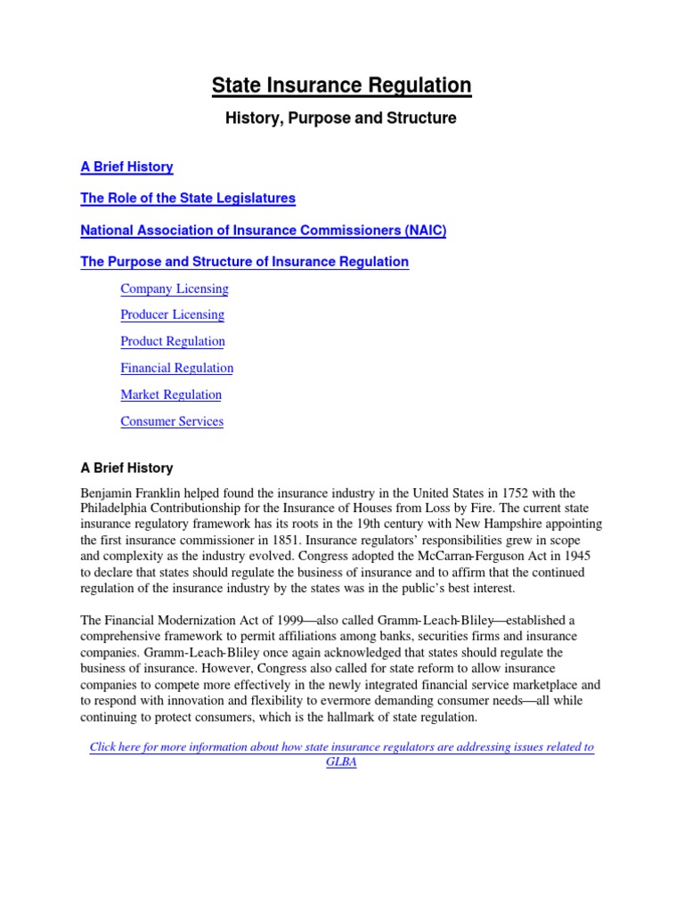 State Insurance Regulation: History, Purpose and Structure | PDF ...