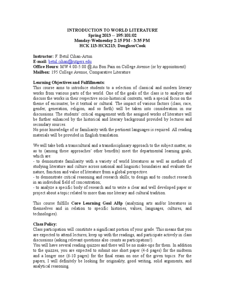 Syllabus World Literature, by Cihan Artun | PDF | One Thousand And One ...