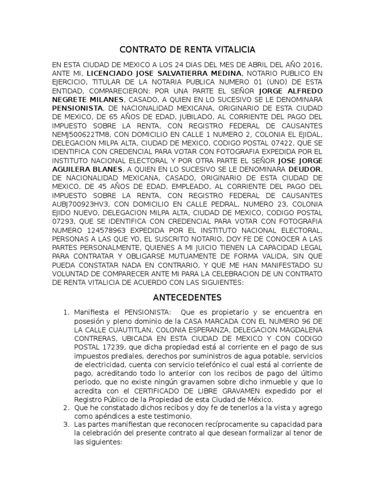 Modelo de Contrato de Renta Vitalicia | Pagos | Propiedad