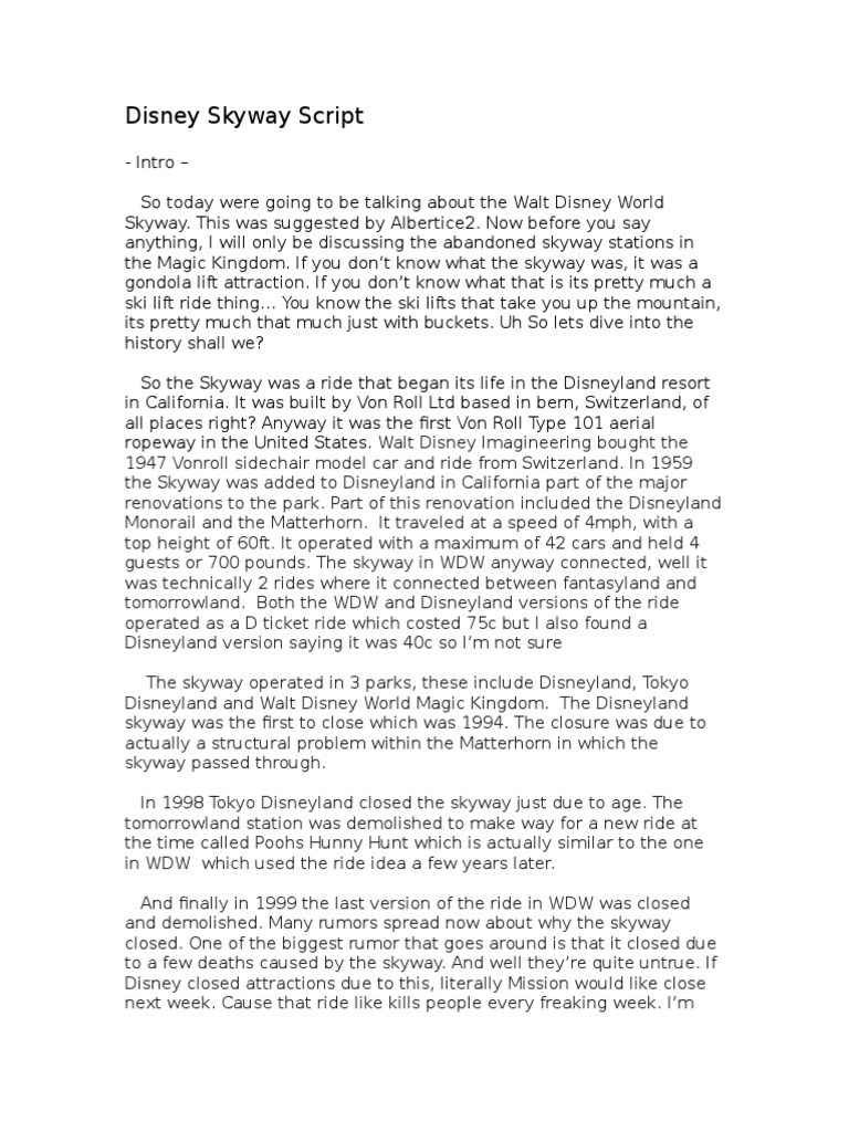 Disney Skyway Script 1 | PDF | The Walt Disney Company | Walt Disney ...