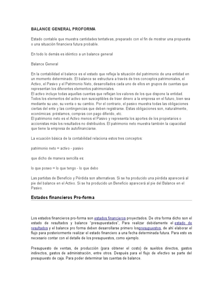 Balance General Proforma | PDF | Hoja de balance | Presupuesto