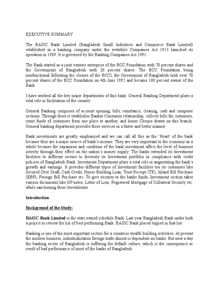 Executive Summary of Basic Bank Limited | Cheque | Banks