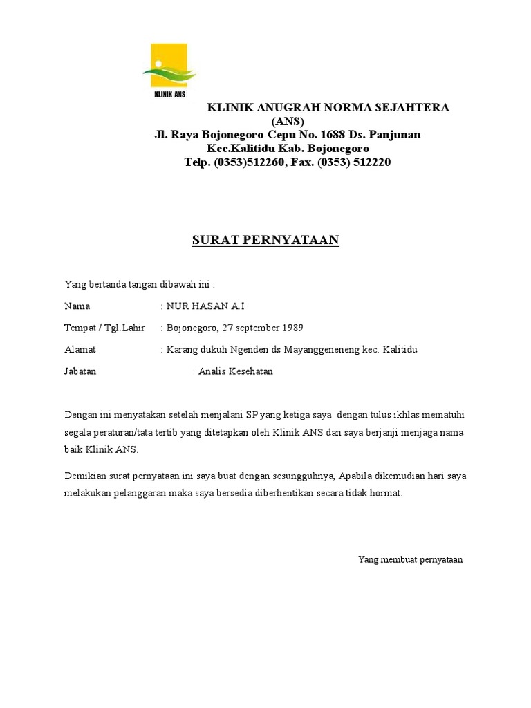 Surat Pernyataan Lepas Cuti | PDF