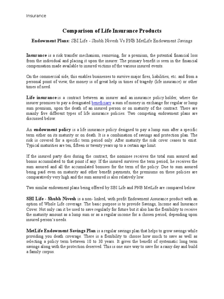 Comparison of Life Insurance Products | PDF | Life Insurance ...