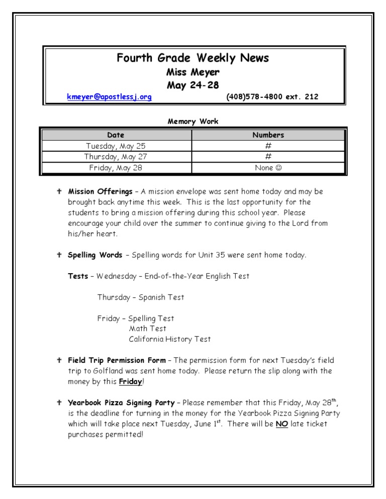 Fourth Grade Weekly News: May 24-28 | PDF