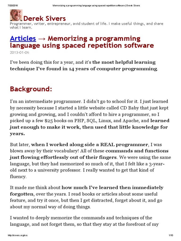 Memorizing A Programming Language Using Spaced Repetition Software - Derek Sivers PDF | PDF ...
