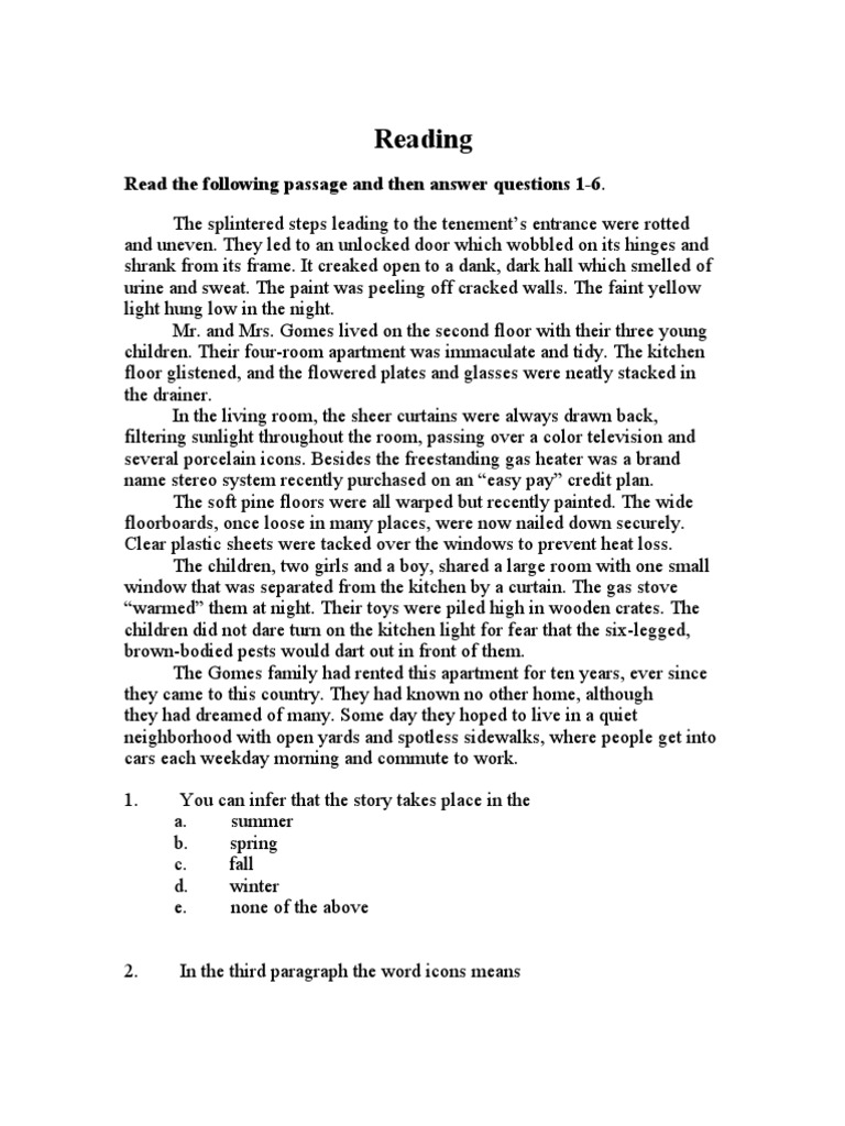 Reading: Read The Following Passage and Then Answer Questions 1-6 | PDF ...