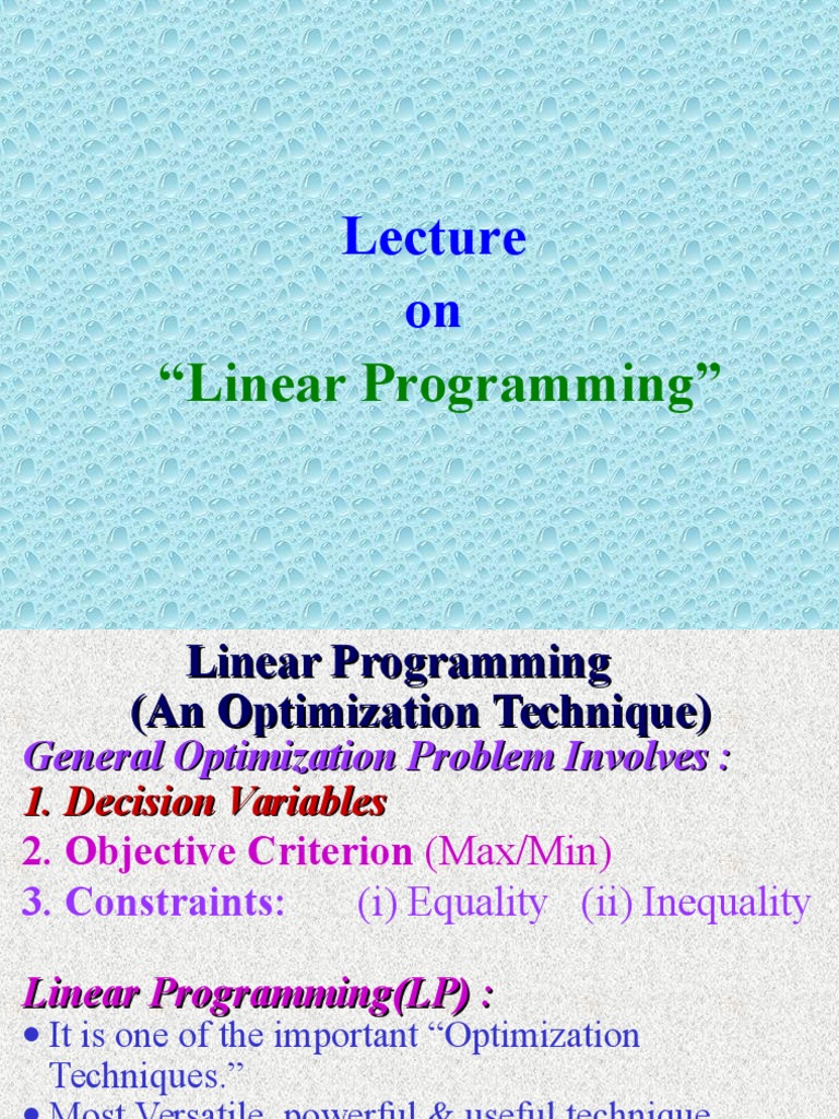 LP - I Lecture | PDF | Mathematical Optimization | Linear Programming