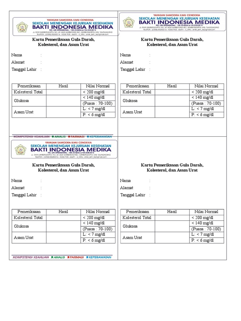 Kartu Pemeriksaan Gula Darah