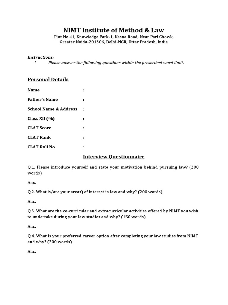 NIMT Institute of Method & Law: Personal Details | PDF