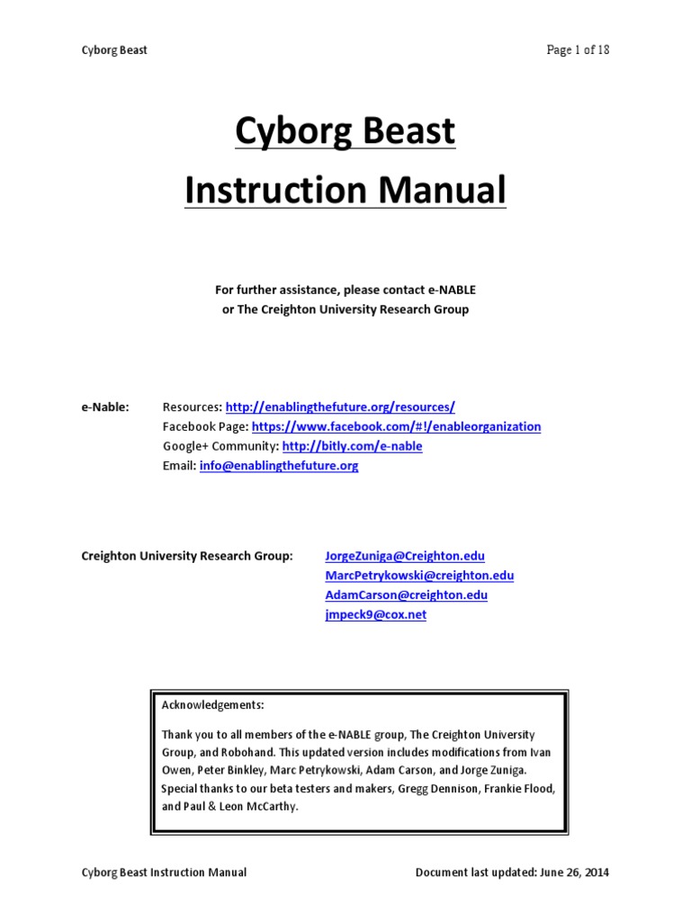 Instructions Cyborg Beast Updated 6-26-14 | PDF | Prosthesis | Finger