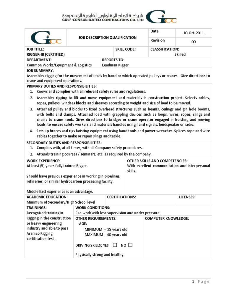 Rigger III Job Description and Requirements | PDF | Business ...