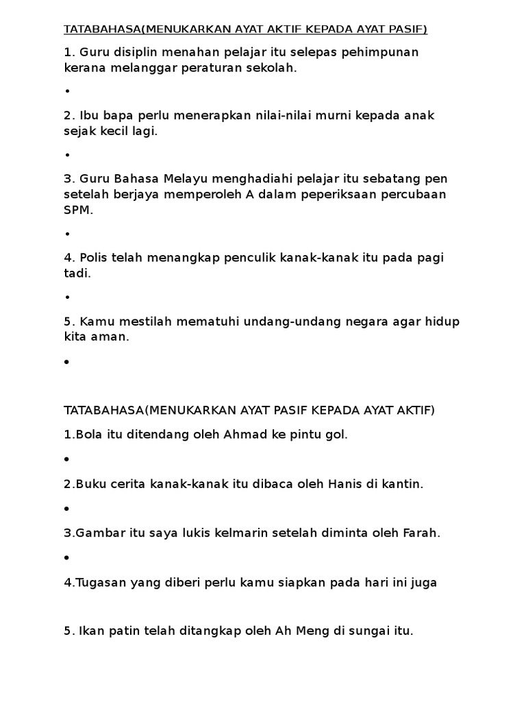 Latihan Ayat Aktif Dan Ayat Pasif | PDF Latihan Ayat Aktif Dan Ayat Pasif | PDF