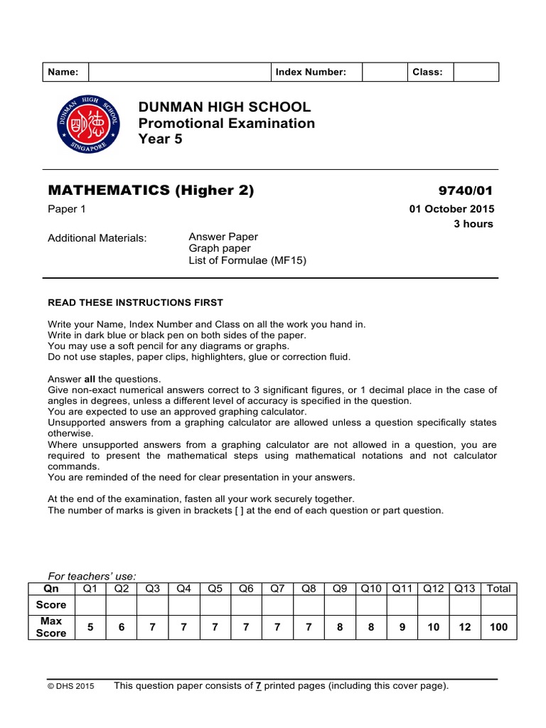 DHS 2015 H2 Y5 Math Promos Questions | PDF | Equations | Trigonometric ...