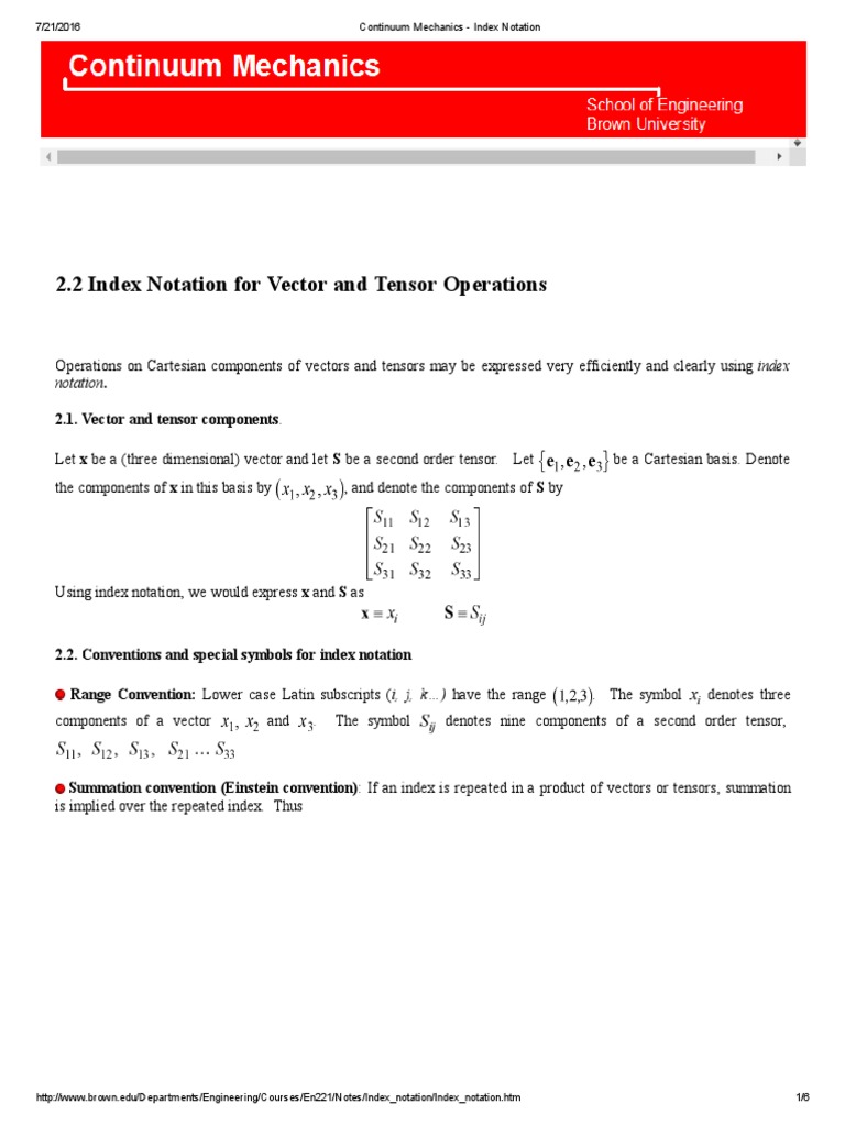 Continuum Mechanics - Index Notation | PDF | Tensor | Euclidean Vector