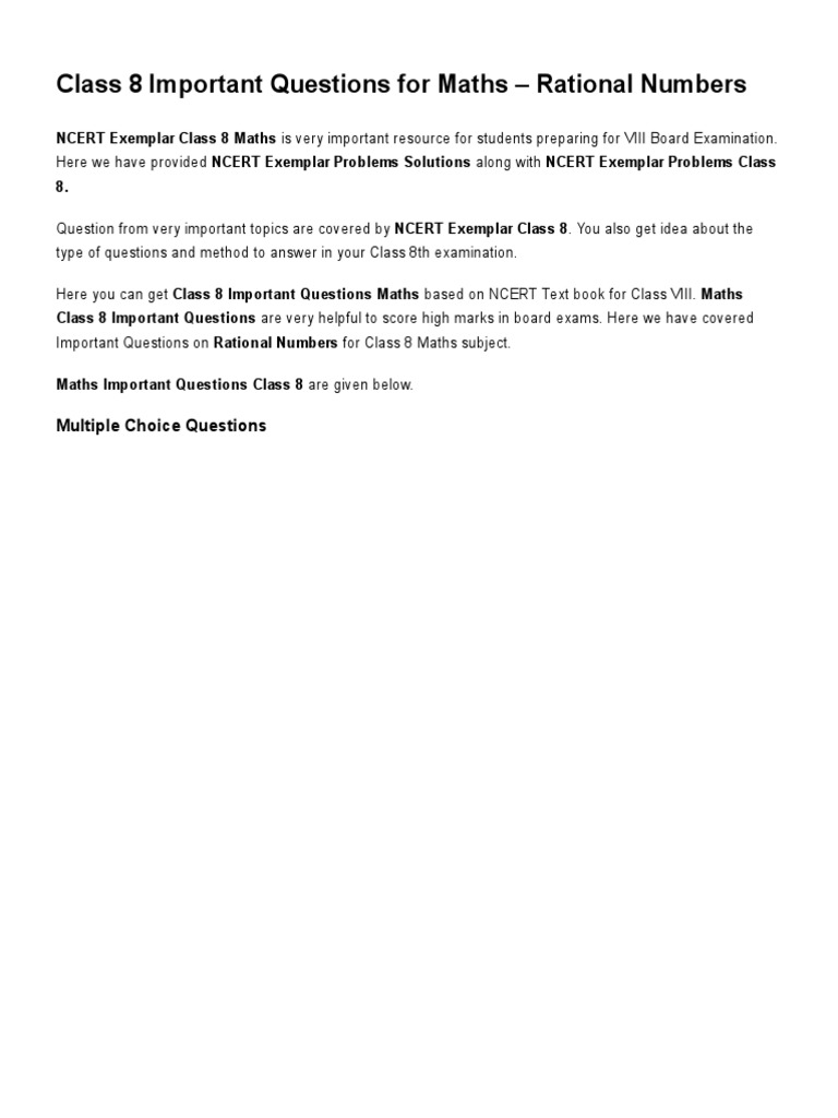 Class 8 Important Questions For Maths - Rational Numbers | PDF ...