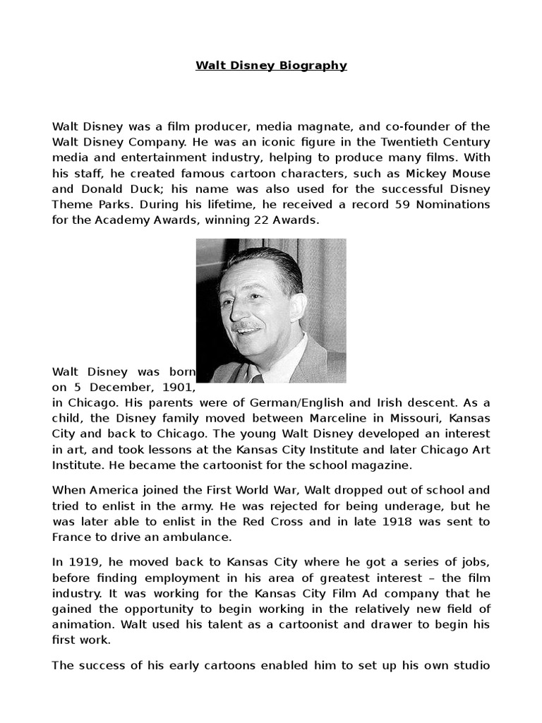 Walt Disney Biography | PDF | Walt Disney | Animation
