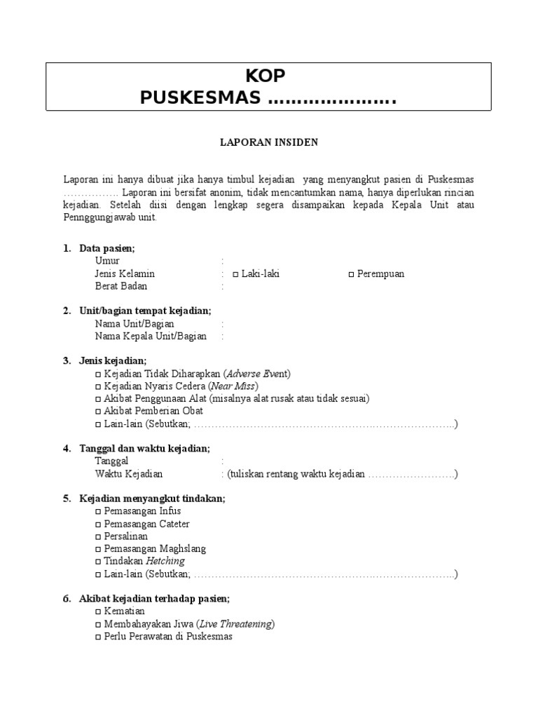 Contoh - Form Pelaporan Insiden KTD | PDF