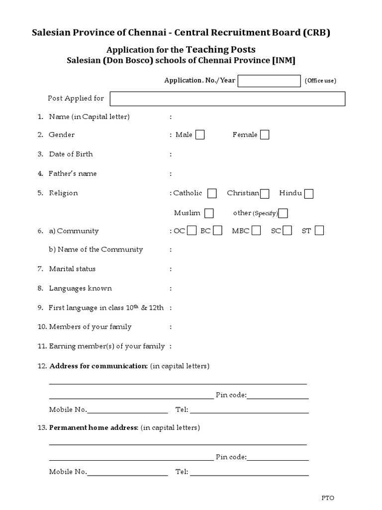 Don Bosco CRB Application For Teaching Posts | PDF