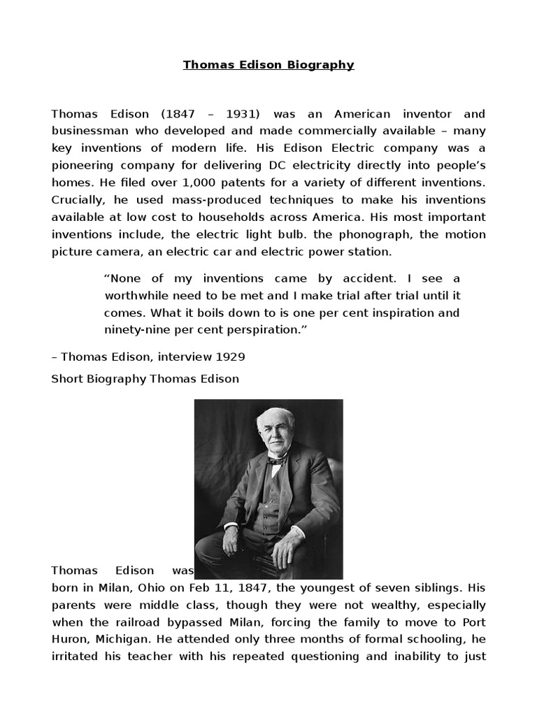 Thomas Edison Biography | PDF | Thomas Edison | Science