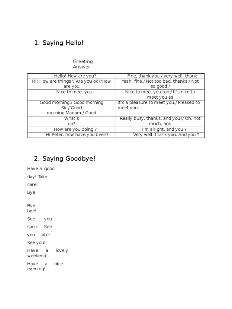Saying Hello!: Greeting Answer | PDF