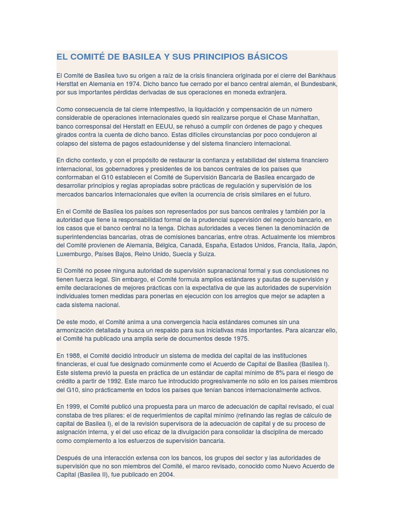 El Comité de Basilea y Sus Principios Básicos | PDF | Comité de Basilea ...