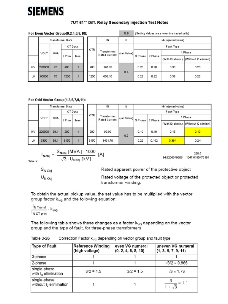 7UT 61 Diff. Relay Secondary Injection Test Notes: For Even Vector ...