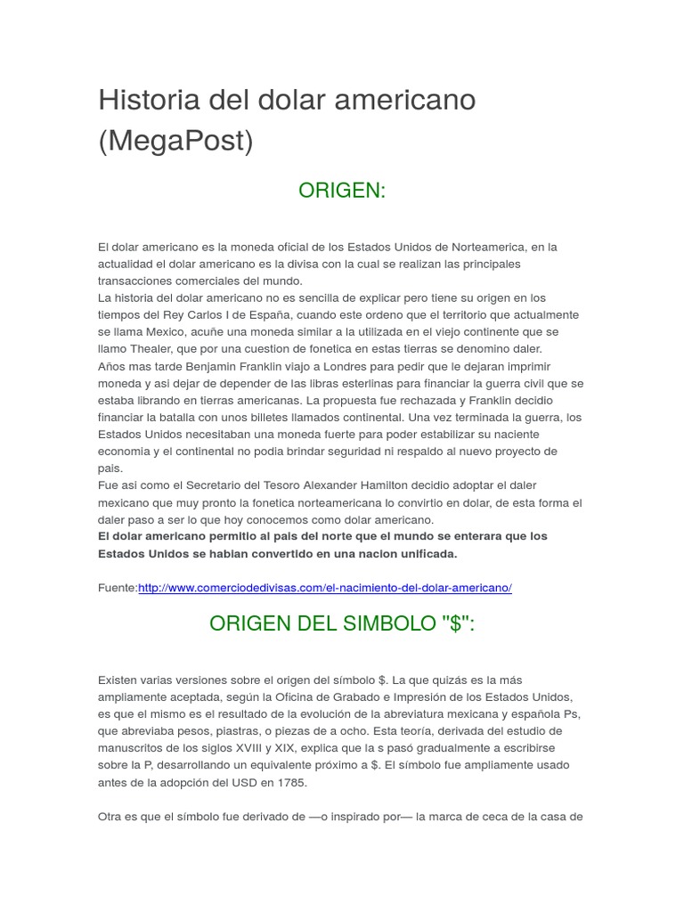 Historia y Origen del Dólar Americano | PDF | Notas (finanzas ...