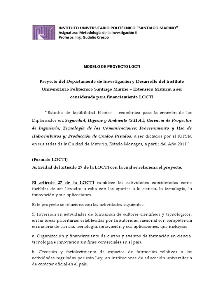 Modelo de Proyecto LOCTI | PDF | Ingeniería | Innovación