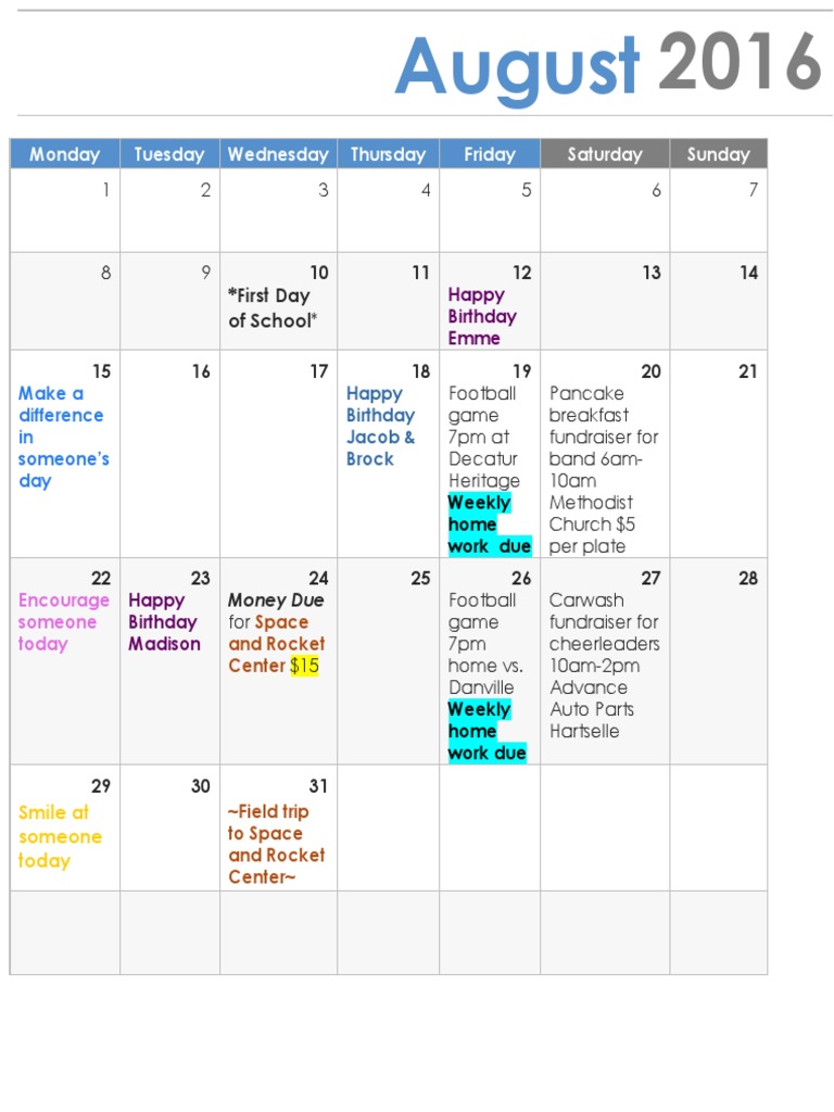 August 2016 School Events Calendar | PDF