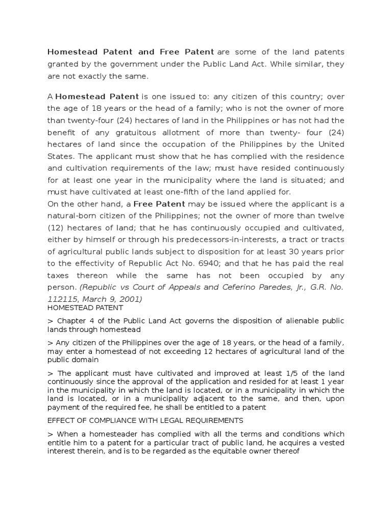 Homestead vs Free Patent in the Philippines | PDF | Patent | Government