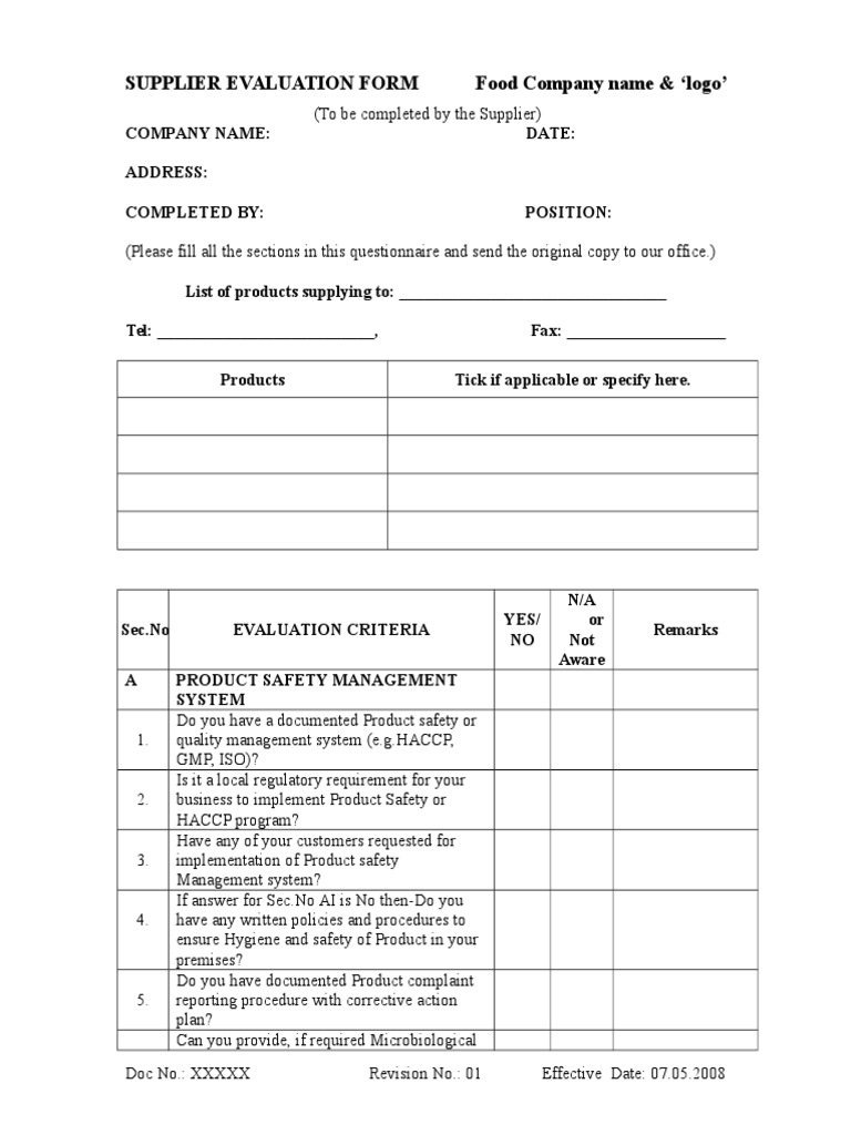 Supplier Evaluation Form | PDF | Hygiene | Hazard Analysis And Critical ...