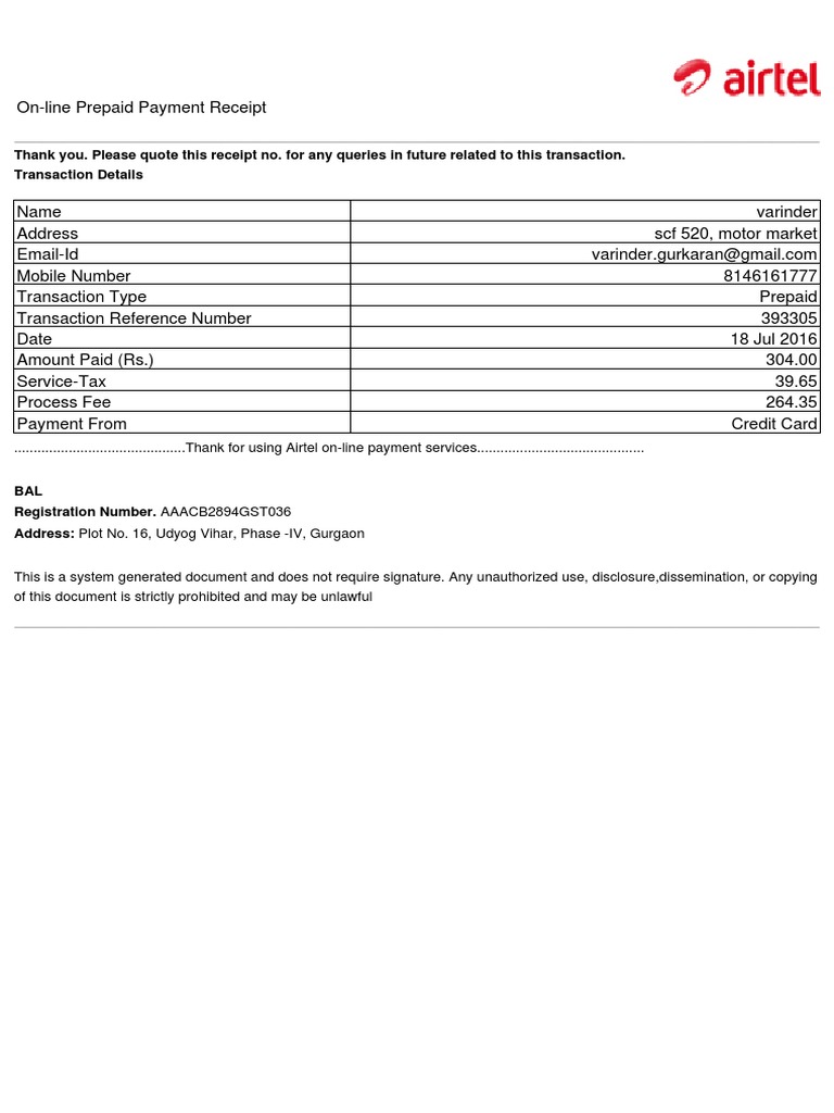 Online Prepaid Receipt Payment Details | PDF