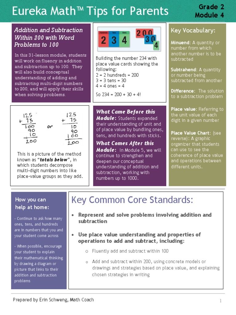 Eureka Math Grade 2 Module 4 Parent Tip Sheet | PDF | Subtraction ...