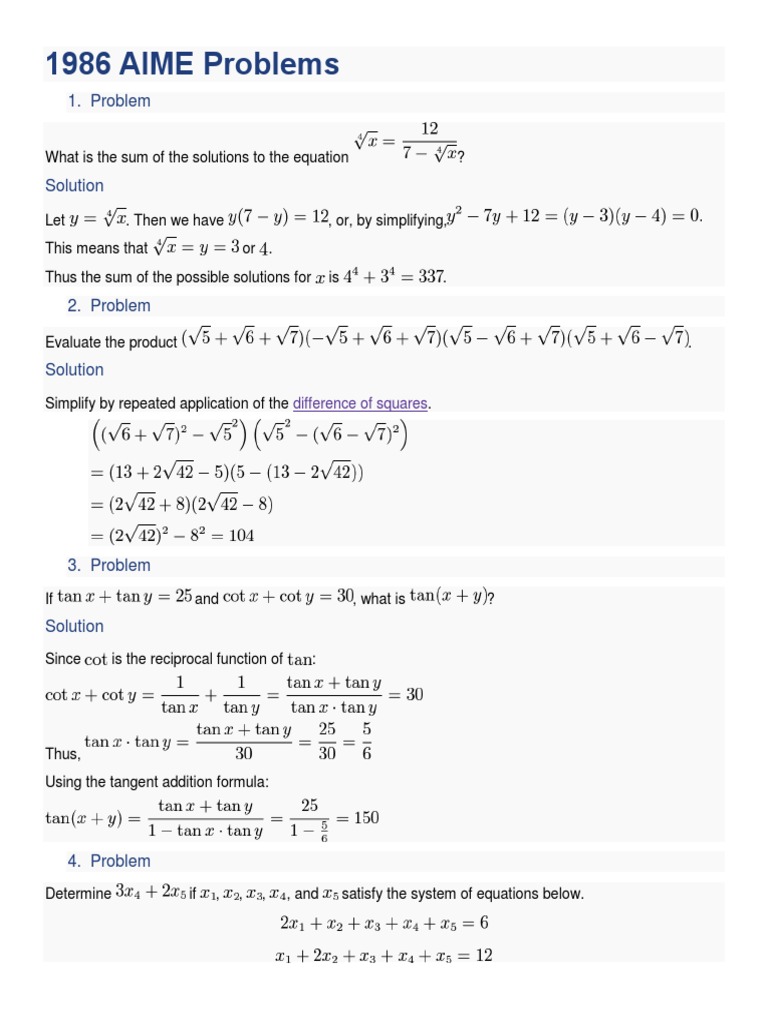 1986 AIME Problems | Download Free PDF | Triangle | Equations