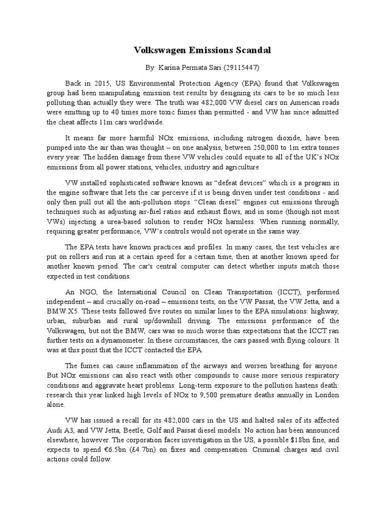 Volkswagen Emissions Scandal Overview | PDF | Volkswagen | Air Pollution