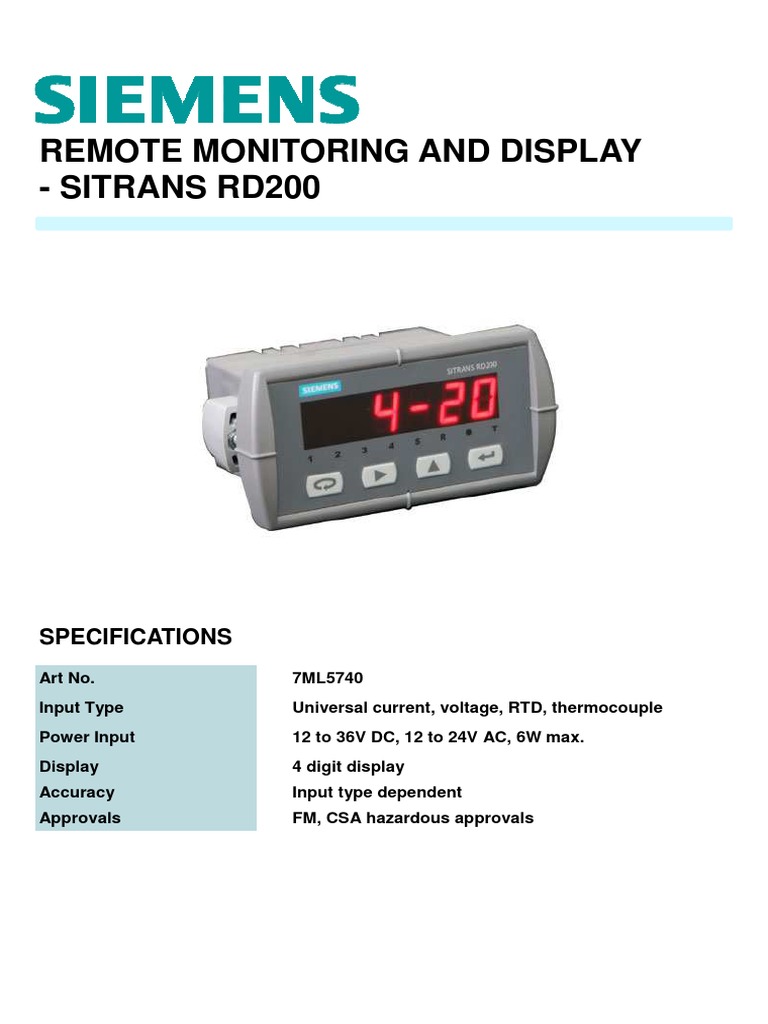 7ML5740 Siemens Remote Monitoring and Display - Sitrans RD200 | PDF