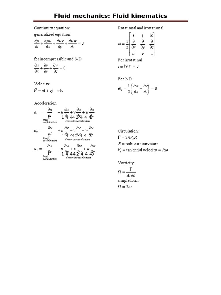 Fluid Mechanics: Fluid Kinematics: U V W T X y Z X y Z U V W Curl V ...